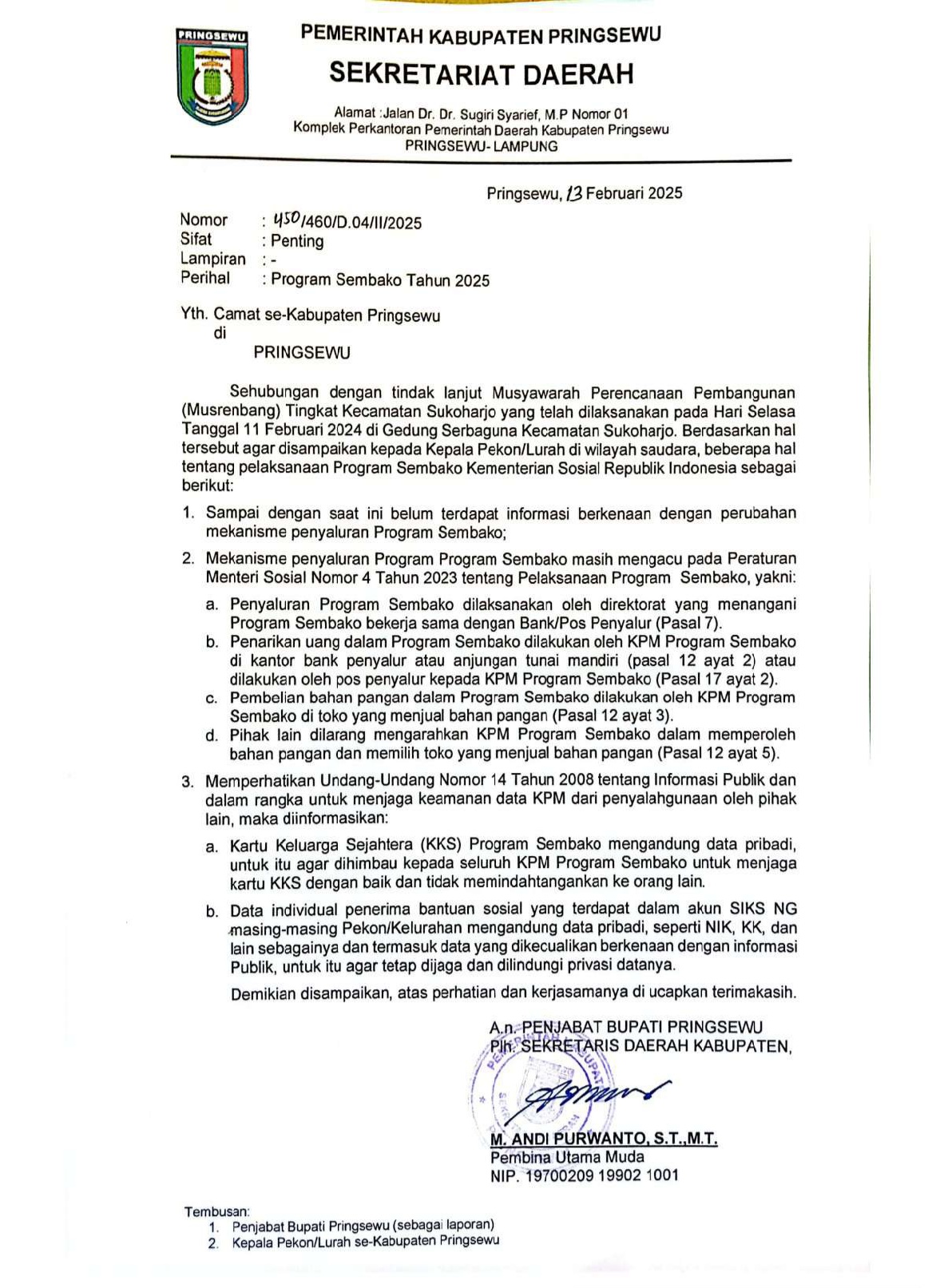 Surat Edaran Program Sembako, Sekretaris Daerah Pringsewu Tegaskan ...